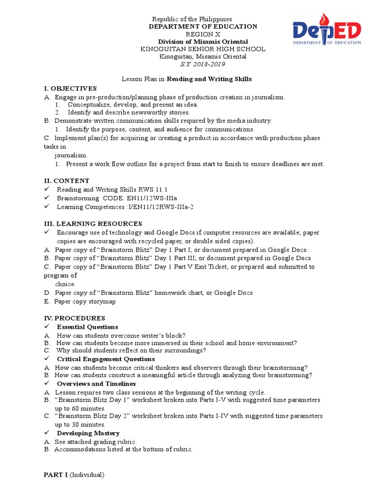 Reading and Writing Lesson Plan | PDF | Brainstorming | Lesson Plan