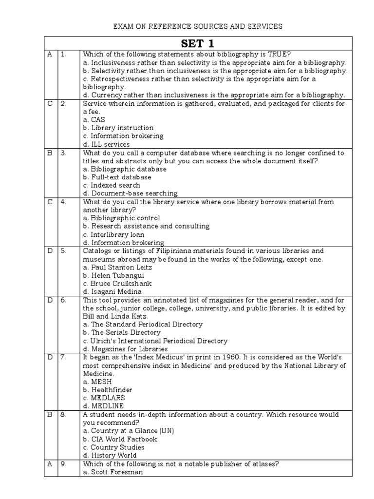 Exam On Reference Sources and Services | PDF | Bibliography | Librarian