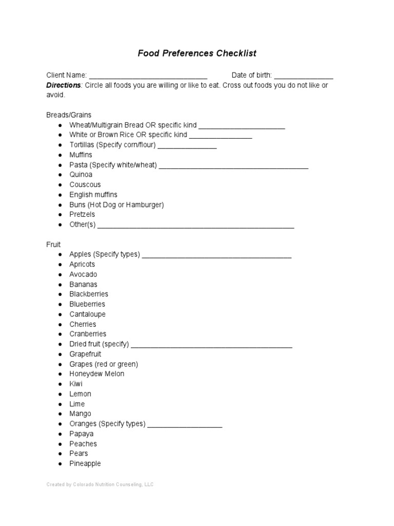 Food Preferences Checklist Template | PDF | Fruit | Veganism