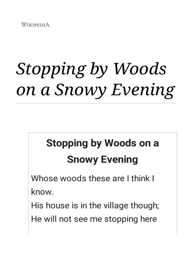 Stopping by Woods On A Snowy Evening - Wikipedia | PDF | Poetic Form ...