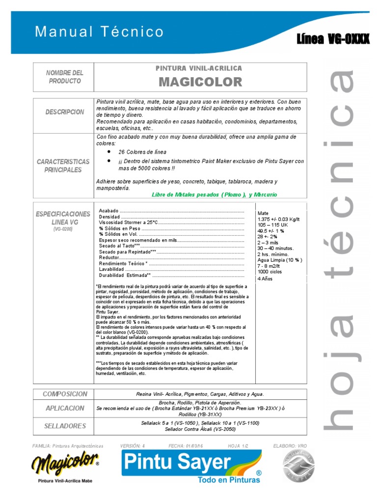Ficha Técnica Pintura Vinil-Acrílica Magicolor | PDF | Pintar | Hormigón