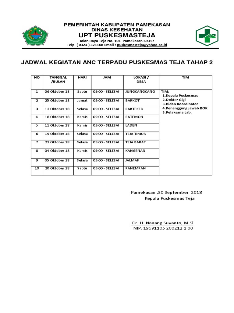 Jadwal Kegiatan Anc Terpadu Puskesmas Teja Tahap 2 | PDF