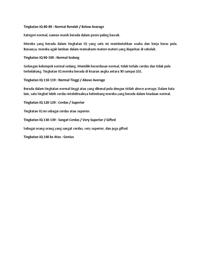 Tingkatan IQ dan Kategorinya | PDF | Karier & Perkembangan | Kesehatan ...