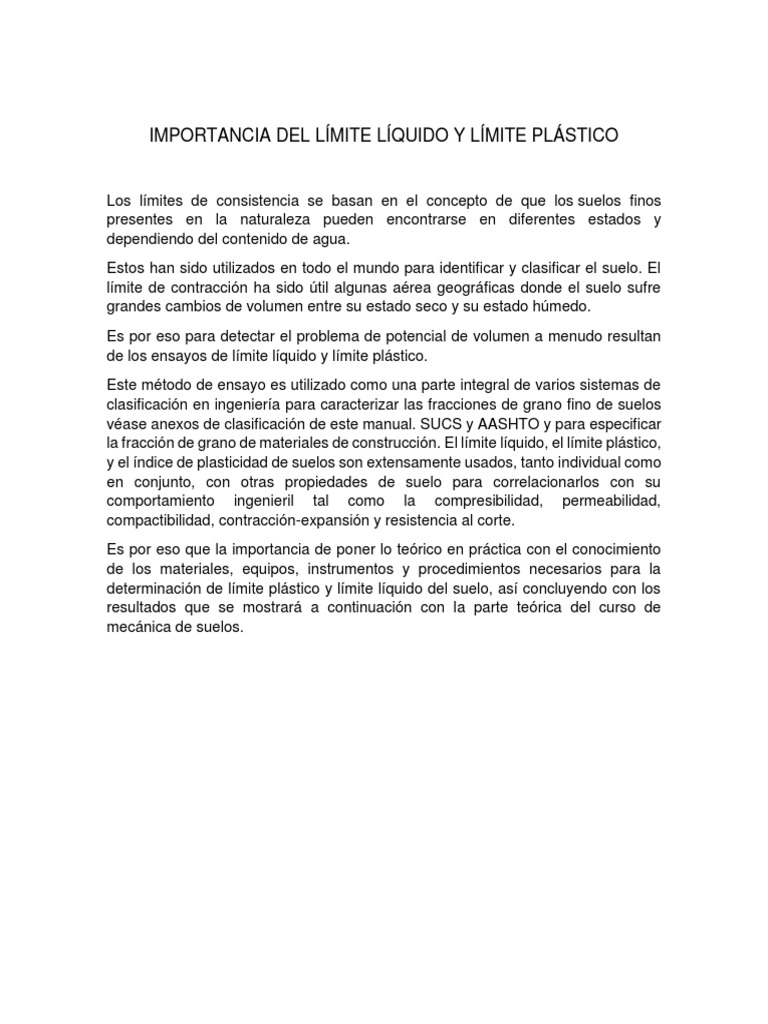 Importancia de Límites Líquido y Plástico | PDF | Ciencia y matemáticas ...