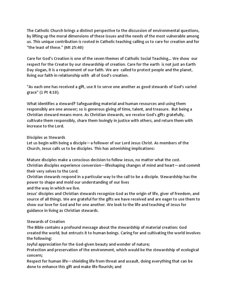 Care For God's Creation | PDF | Disciple (Christianity) | Catholic Church
