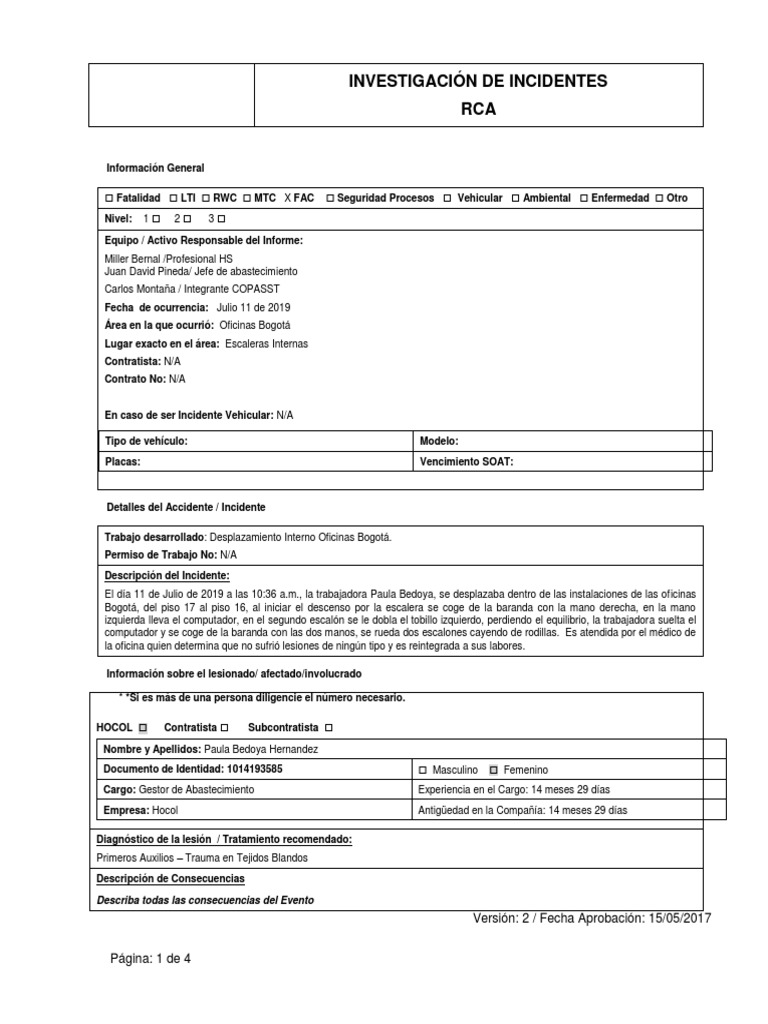 Formato Investigación RCA | PDF | Lesión | Medicina