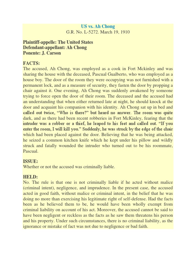 US vs. Ah Chong GR L-5272 | PDF