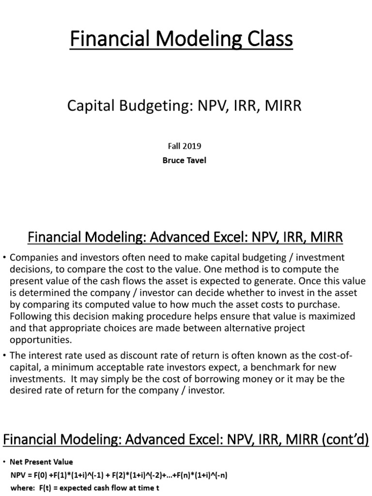 Fin Model Class2 Excel NPV Irr, Mirr Slides | PDF | Internal Rate Of ...