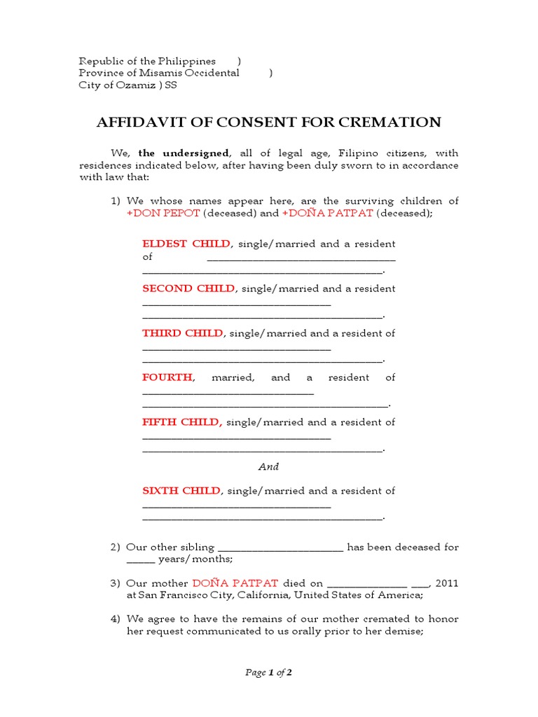 Affidavit of Consent For Cremation Proforma | PDF | Document ...