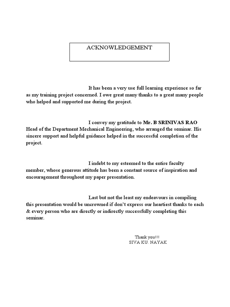 Acknowledgement for Seminar Project | PDF