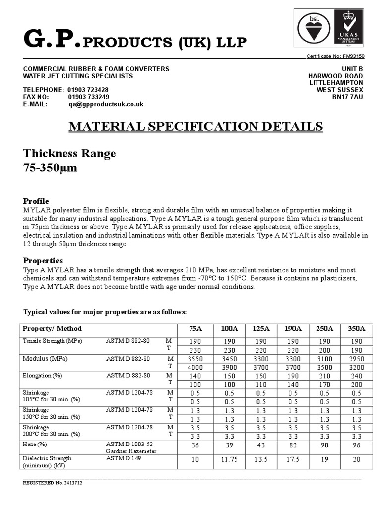 Mylar Type A - Datasheet - 1 - Released | PDF | Ultimate Tensile ...