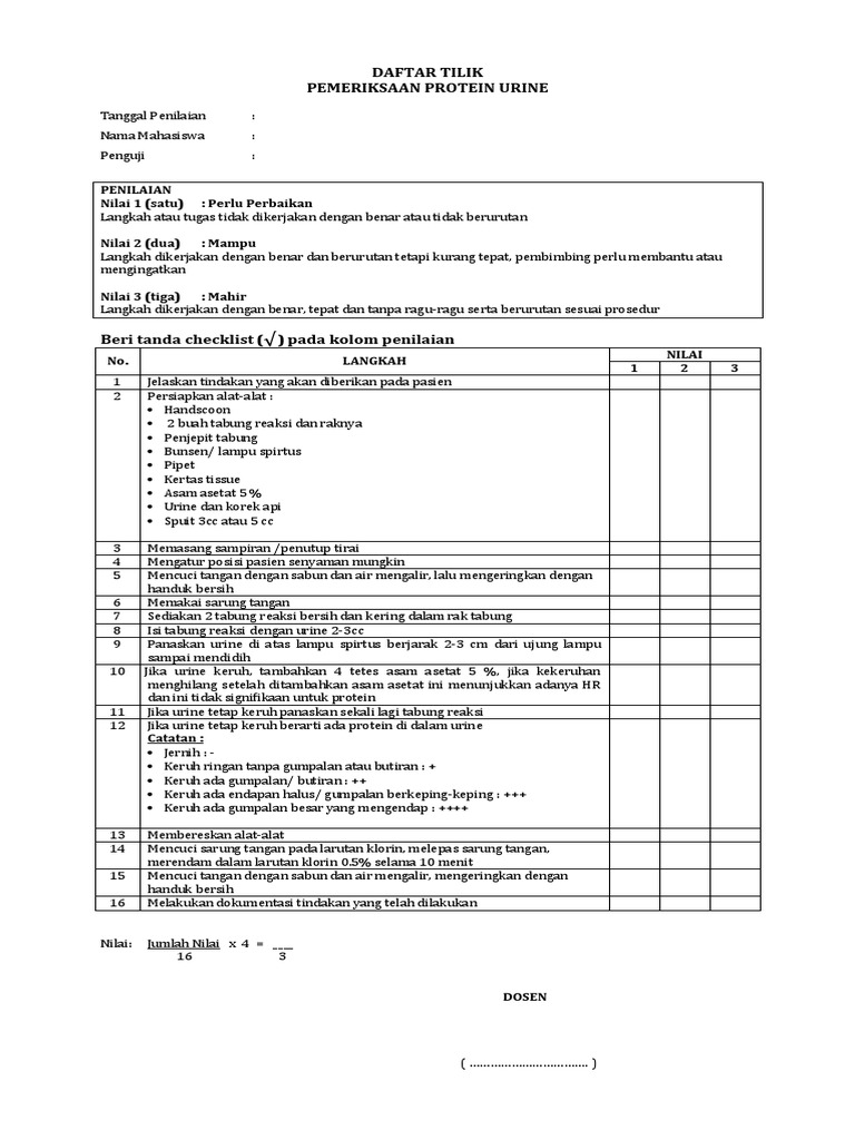 Daftar Tilik Pemeriksaan Protein Urine | PDF