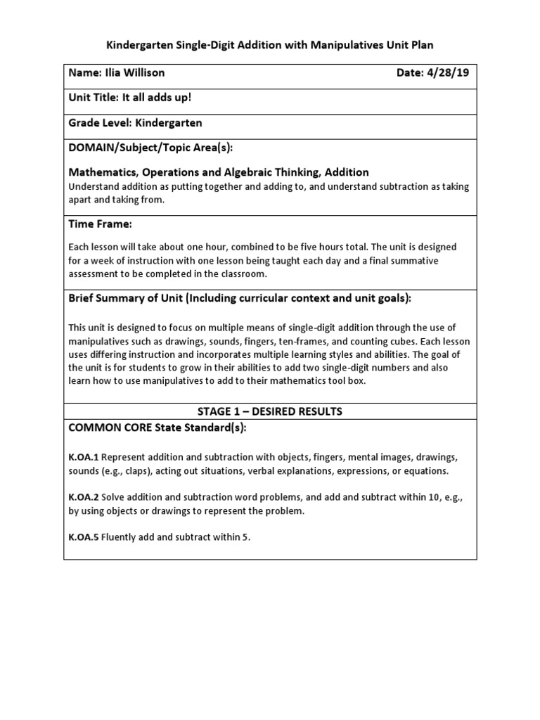 Kinder Single Digit Addition Using Manipulatives Unit Lesson Plan Math ...
