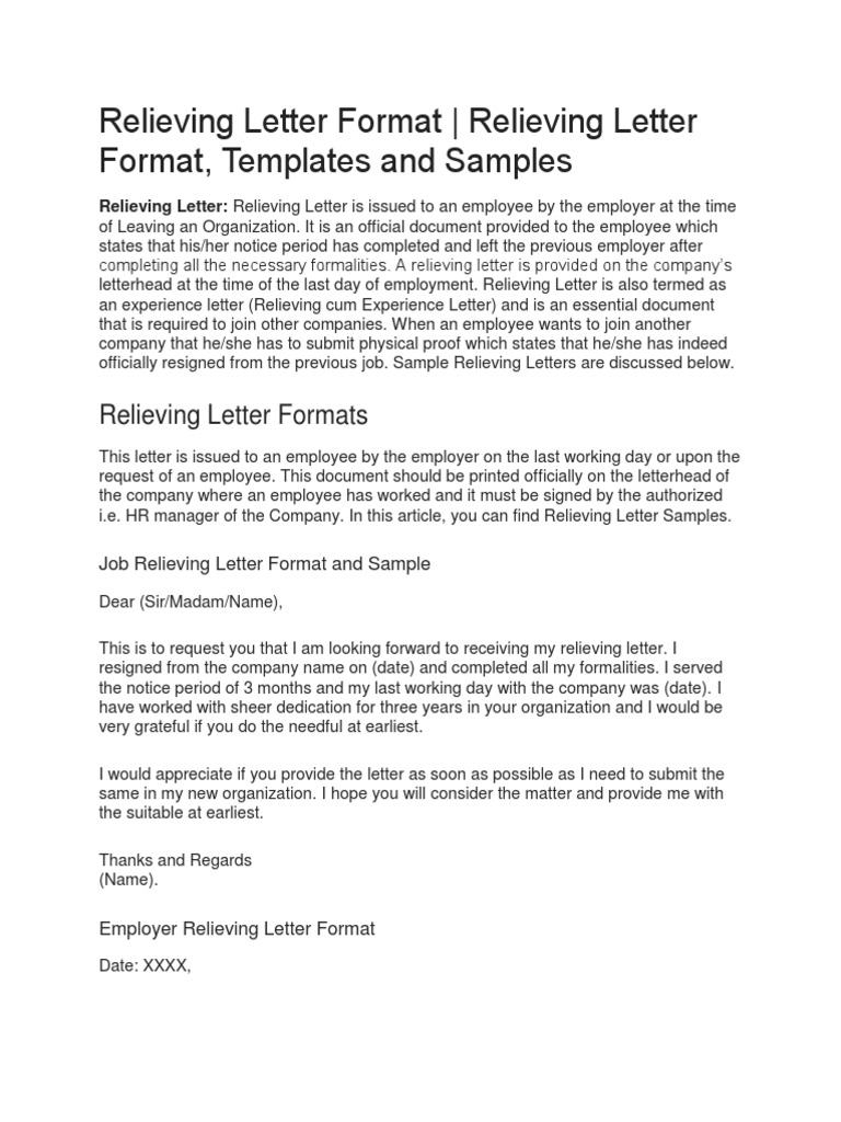 Relieving Letter Format | PDF | Employment | Government