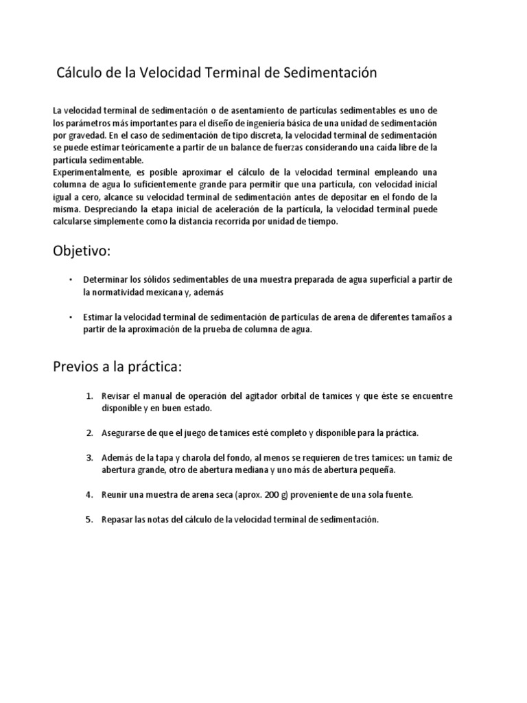 Cálculo de La Velocidad Terminal de Sedimentación | PDF | Velocidad | Agua