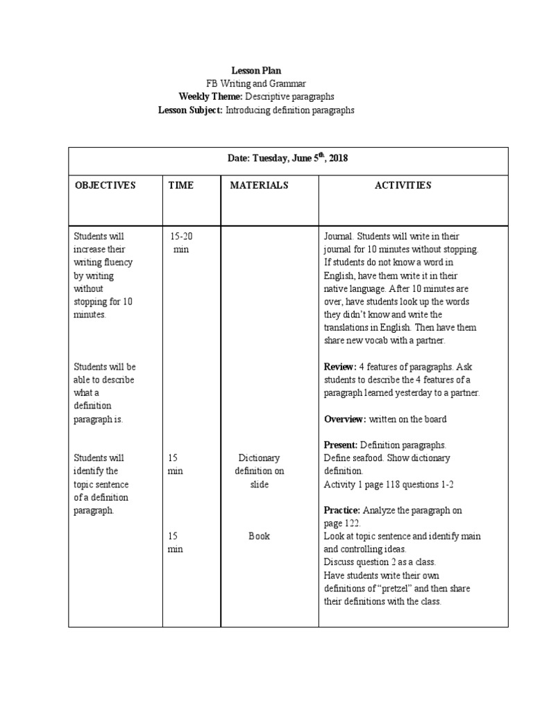 Writing Lesson Plan | PDF | Lesson Plan | Paragraph