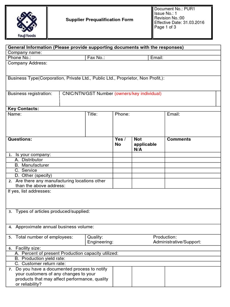 Supplier Prequalification Form | PDF | Business