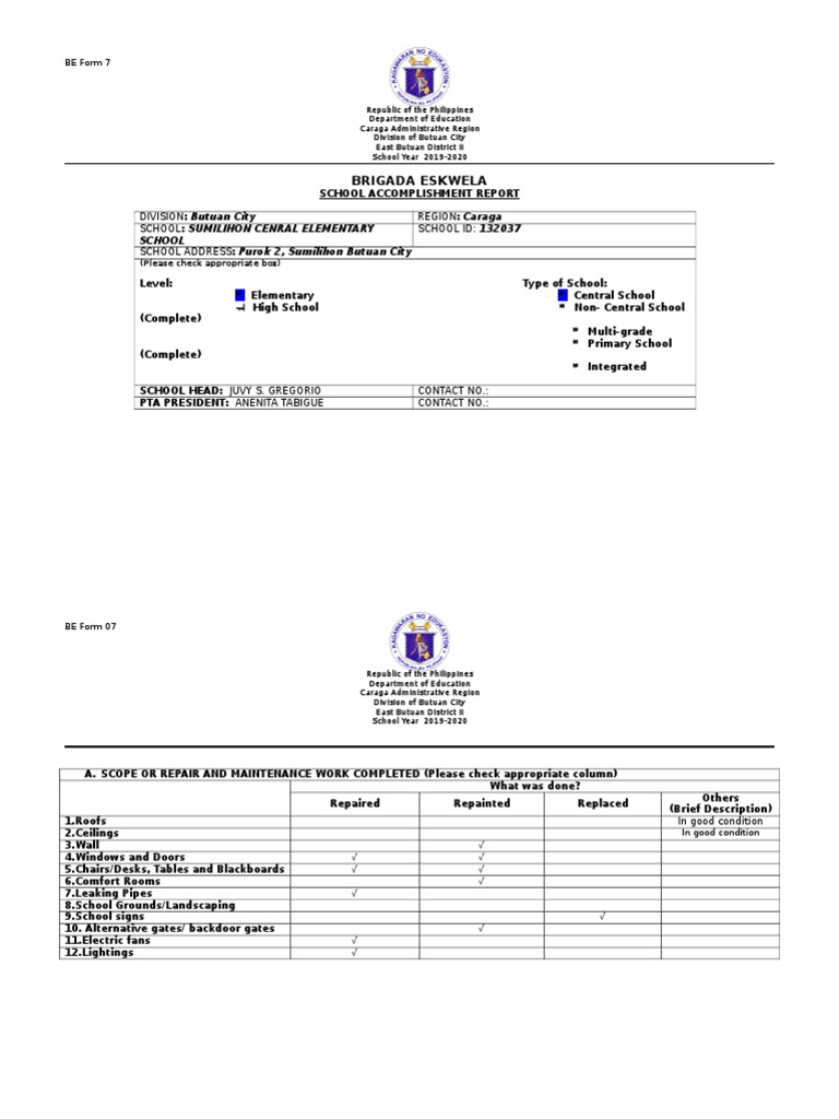 Be Form 7 - School Accomplishment Report2019 | PDF