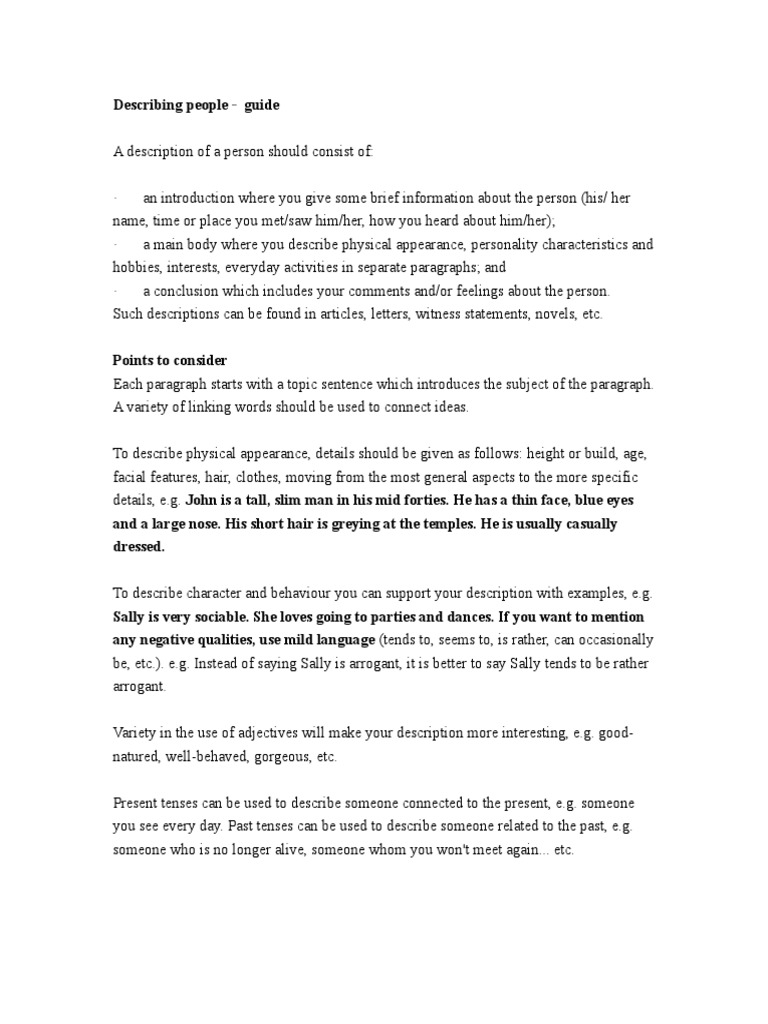 Describing People Guide Example | PDF | Linguistics | Languages