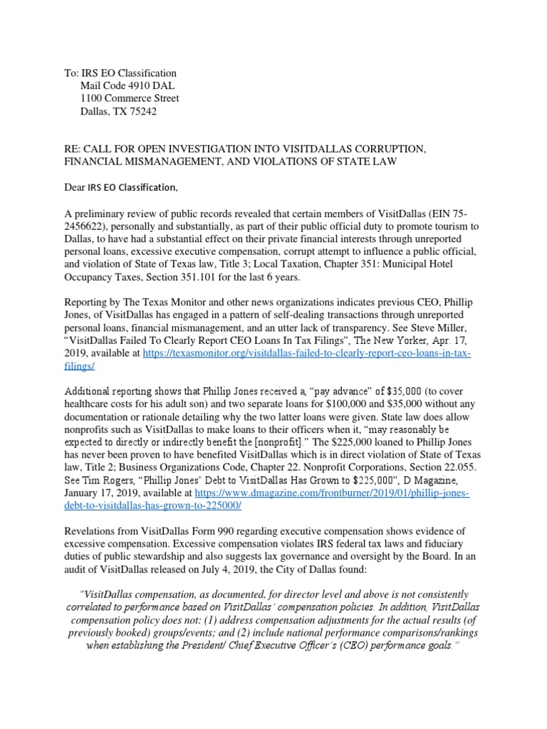 VisitDallas IRS Form 13909 Tax-Exempt Organization Complaint | PDF ...