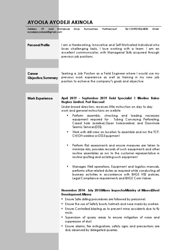 Ayoola CV | PDF | Mining | Safety