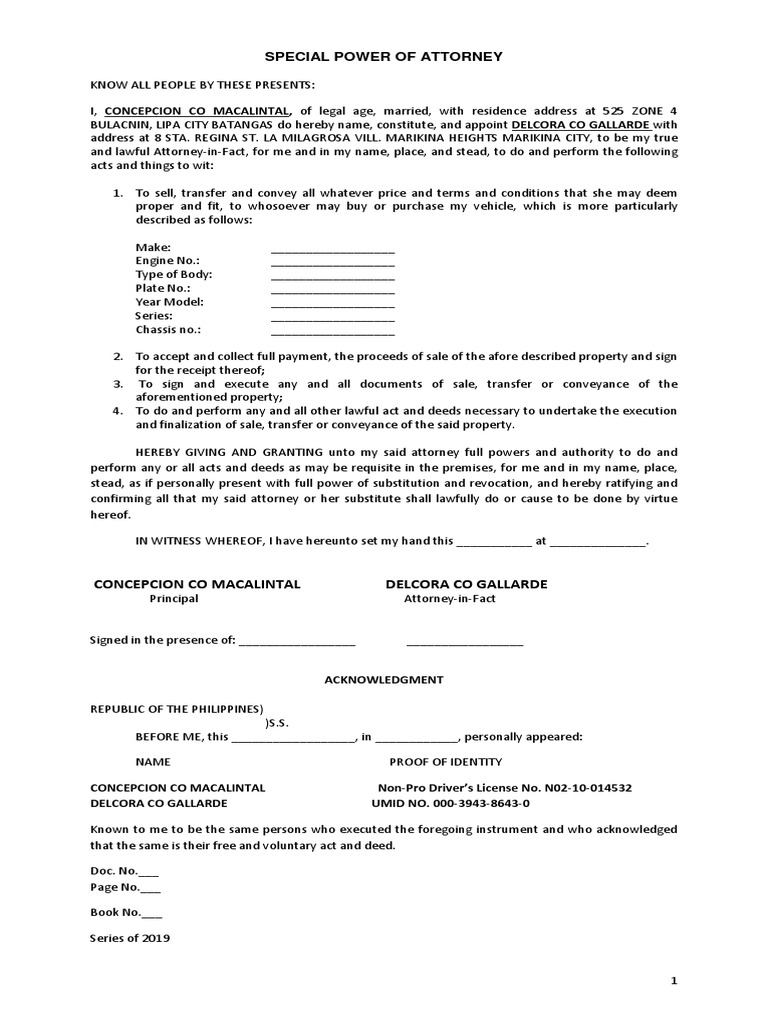 MACALINTAL Spa To Sell Vehicle | PDF | Power Of Attorney | Deed