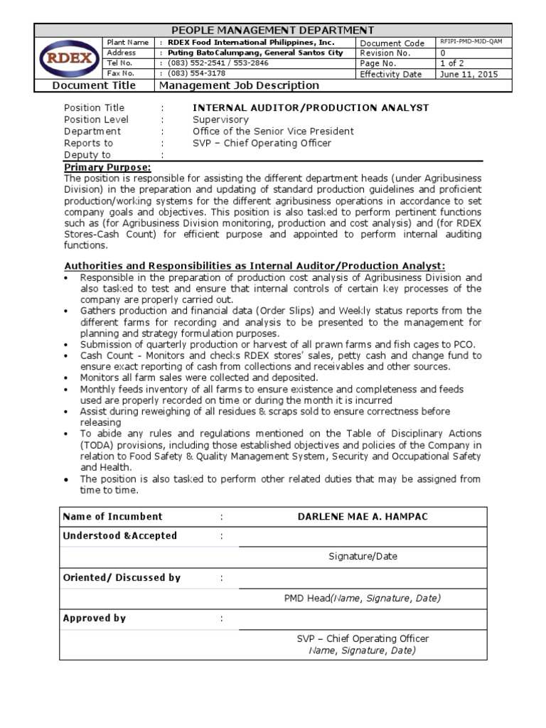 PMD JD Format - Audit Supervisor | PDF | Internal Audit | Internal Control