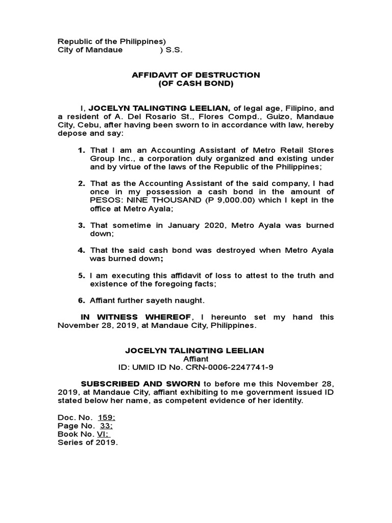 Affidavit of Loss Cash Bond | PDF