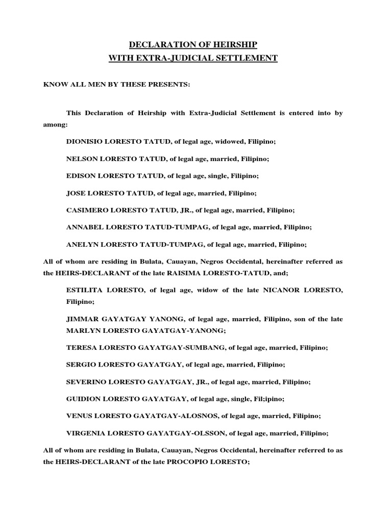 Declaration of Heirship | PDF | Civil Law (Common Law) | Civil Law ...