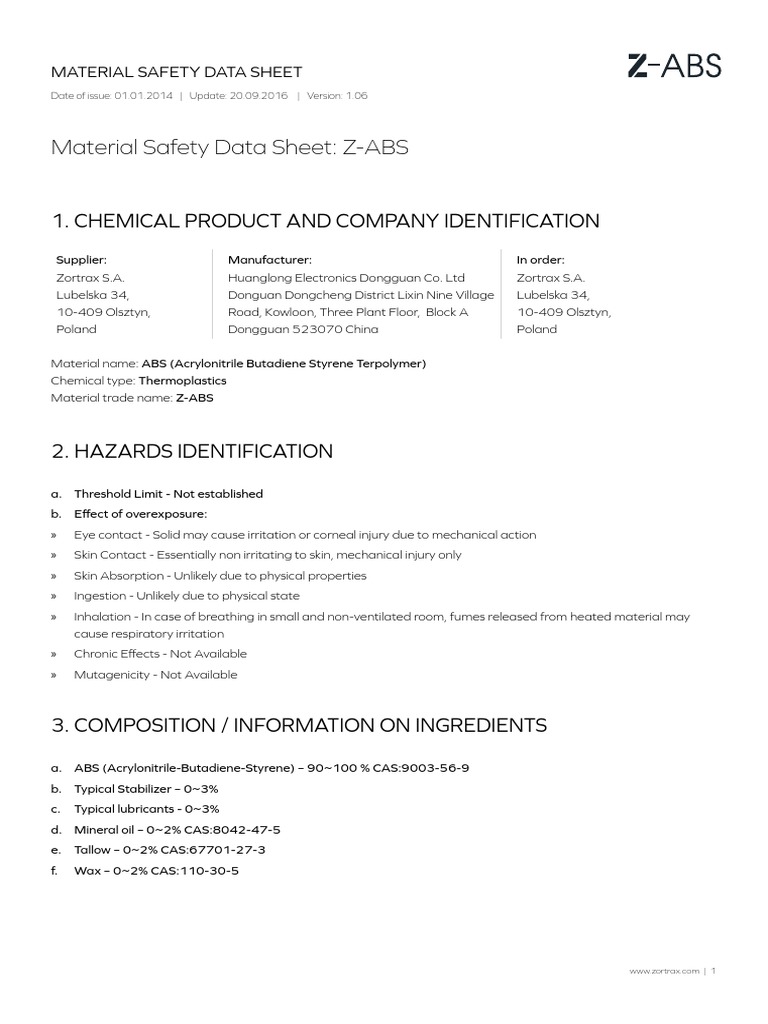 Z-ABS Material Safety Data Sheet-1 PDF | PDF | Fires | Dangerous Goods