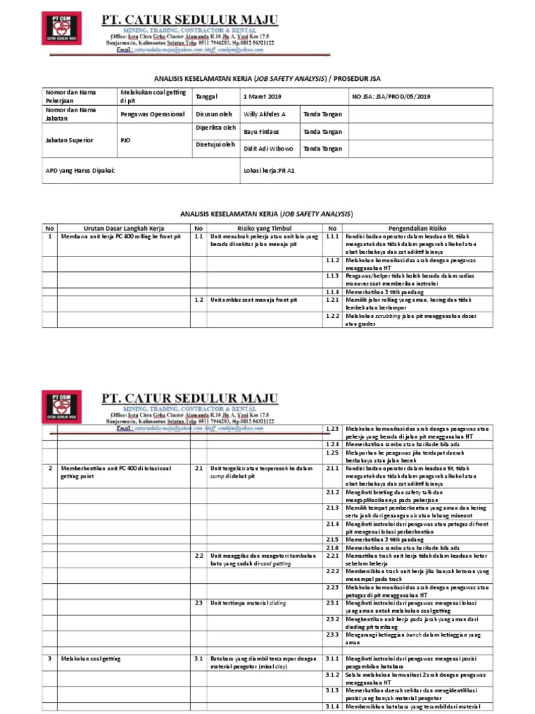 JSA Melakukan Coal Getting | PDF