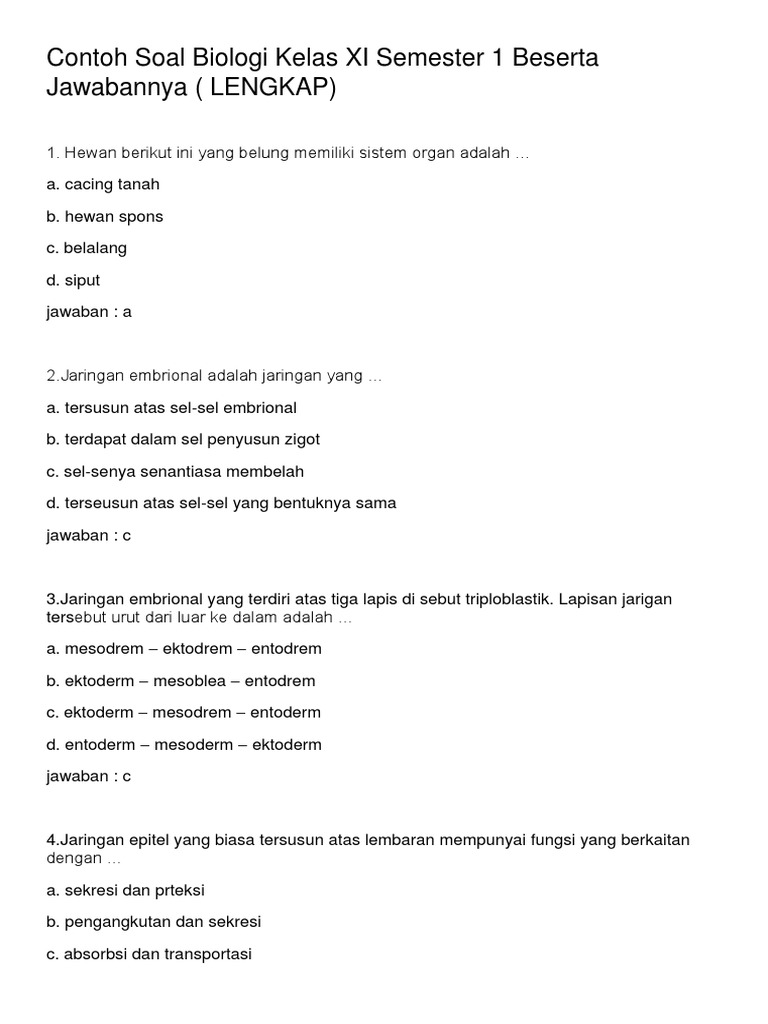 Contoh Soal Biologi Kelas XI Semester 1 Beserta Jawabannya | PDF