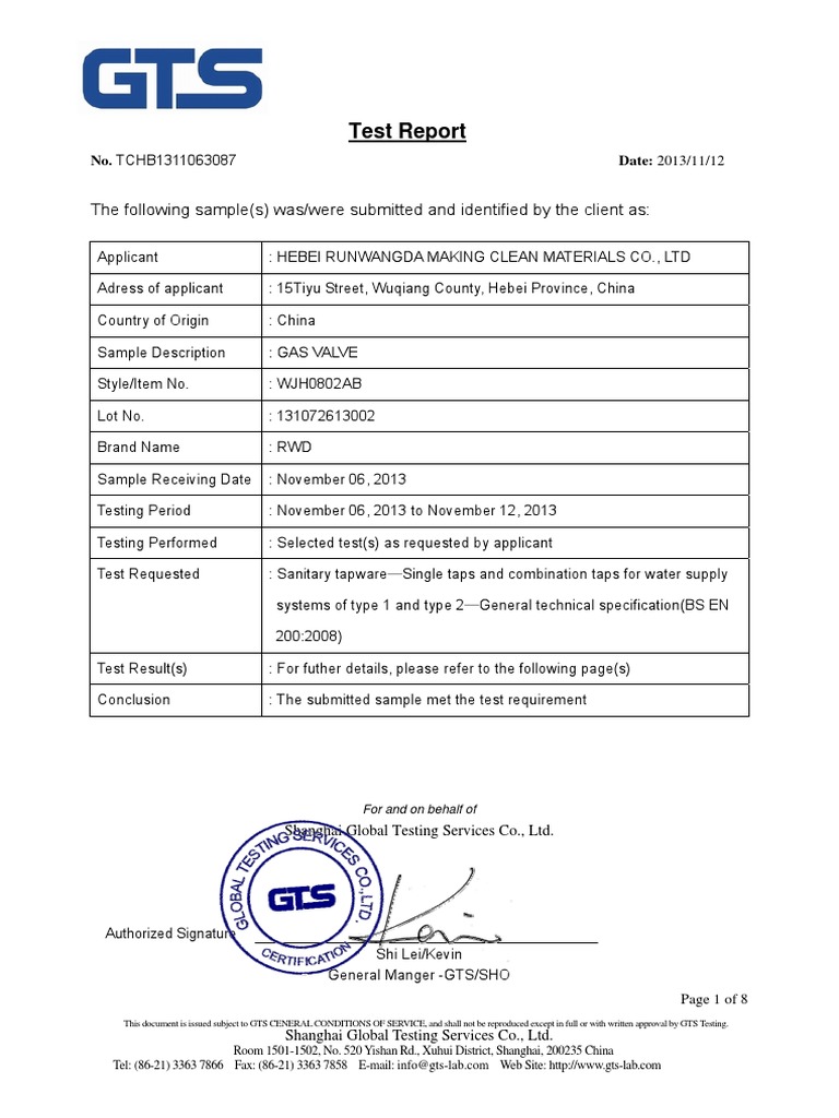 Gas Valve Test Report | PDF | Flow Measurement | Water Heating
