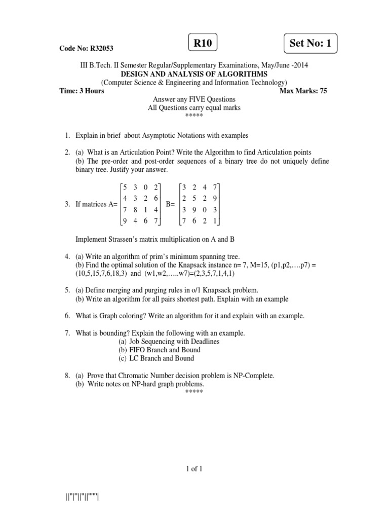 Design and Analysis of Algorithms (Cse-It) - May-2014 | PDF | Dynamic Programming ...