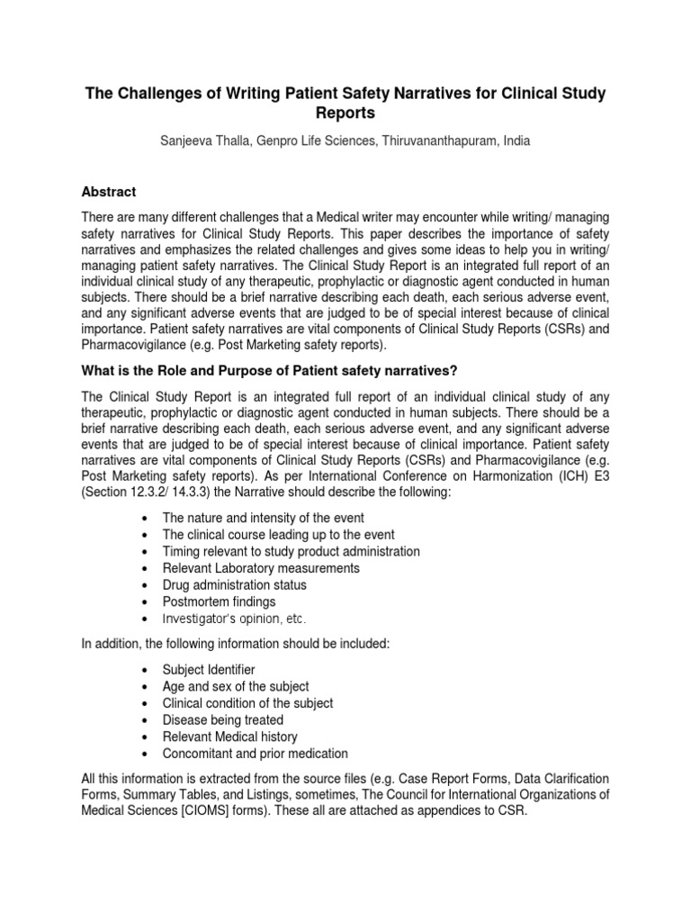 The Challenges of Writing Patient Safety Narratives For Clinical Study ...