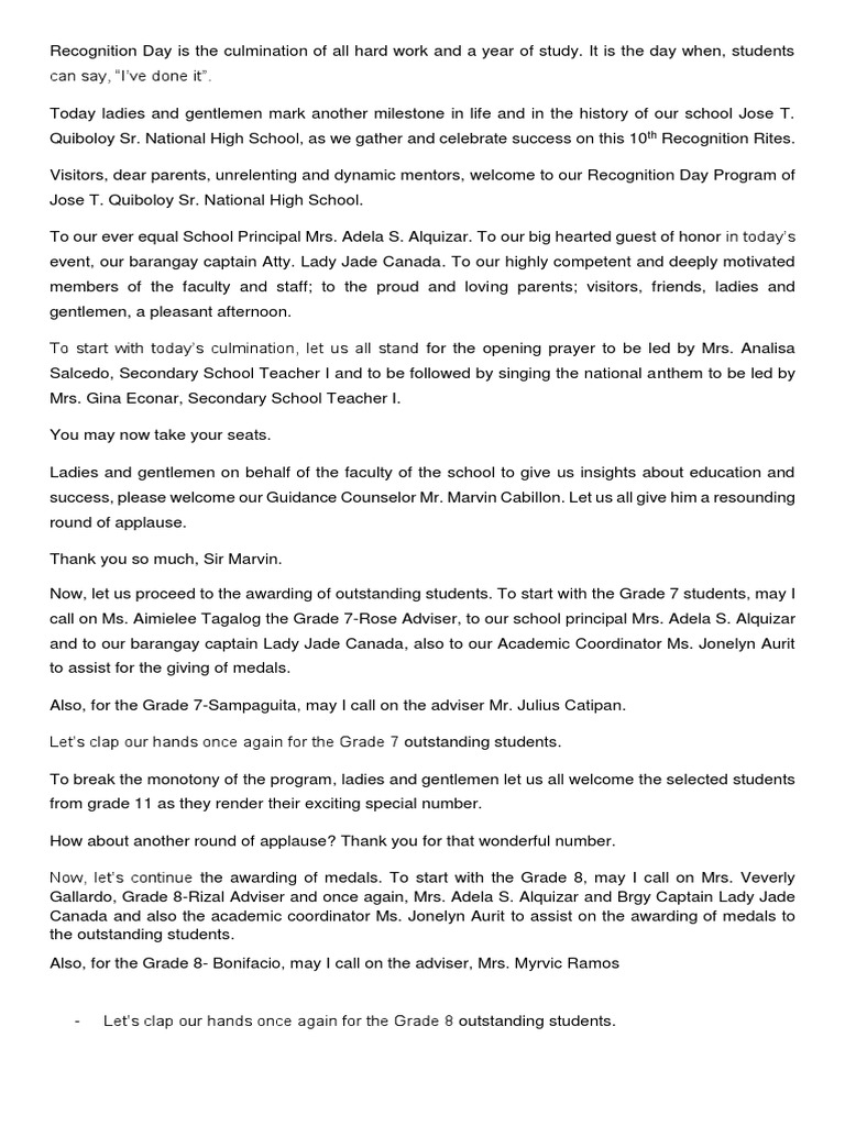 Recognition Day Script | PDF