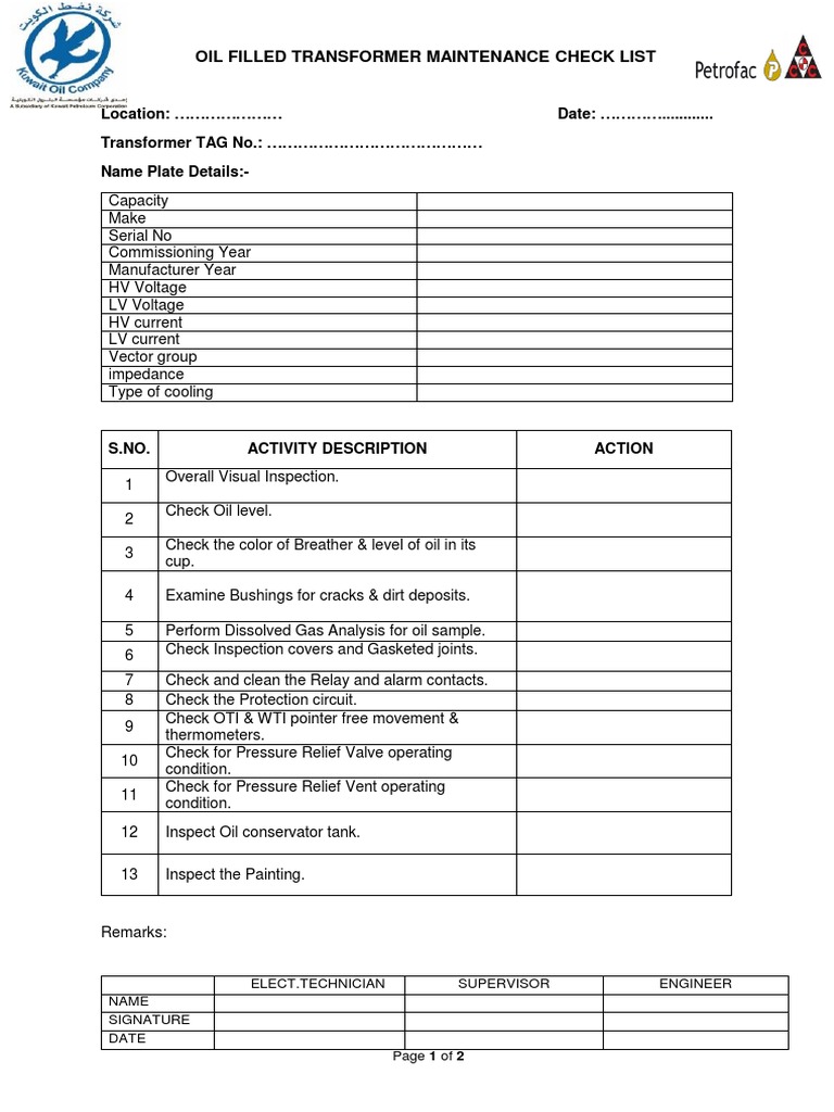 Oil-Filled Transformer Maintenance Checklist | PDF | Transformer ...