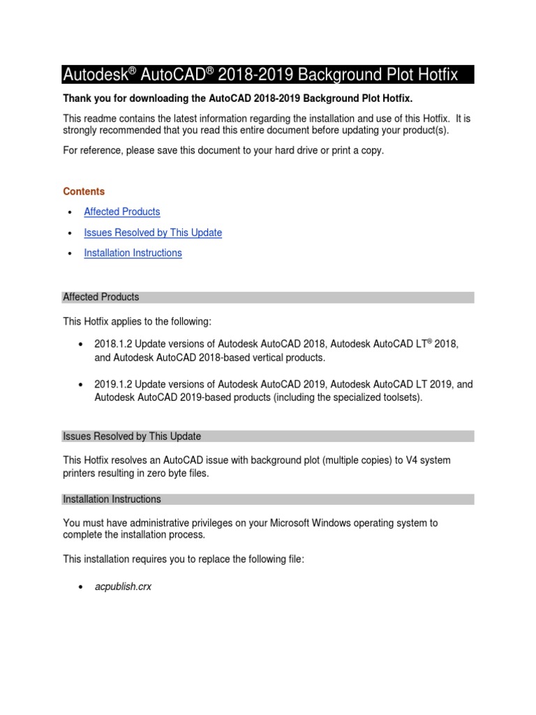 AutoCAD 2018 2019 Background Plot Hotfix Readme PDF | PDF | Auto Cad ...