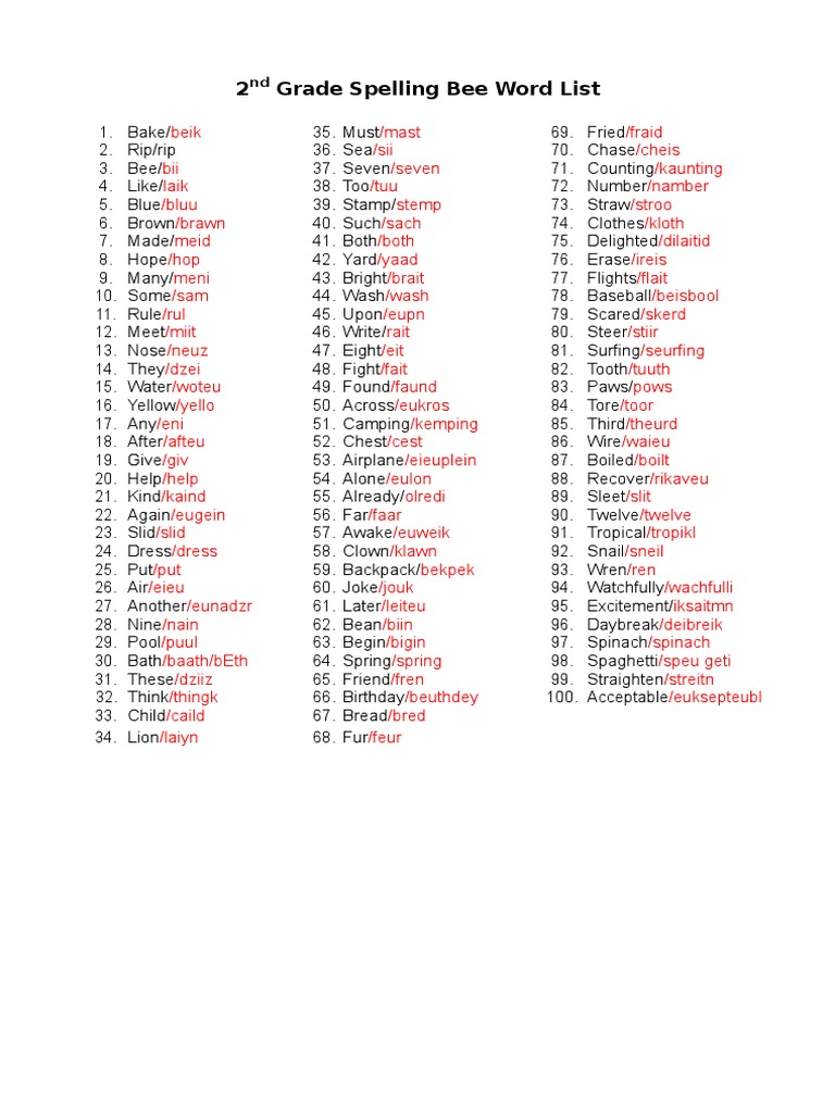2nd Grade Spelling Bee Word List | PDF