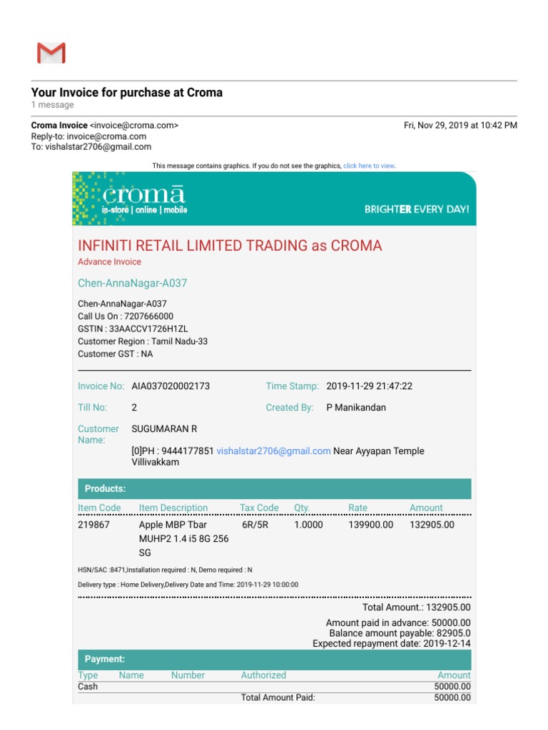 Gmail - Your Invoice For Purchase at Croma PDF | PDF | Invoice ...