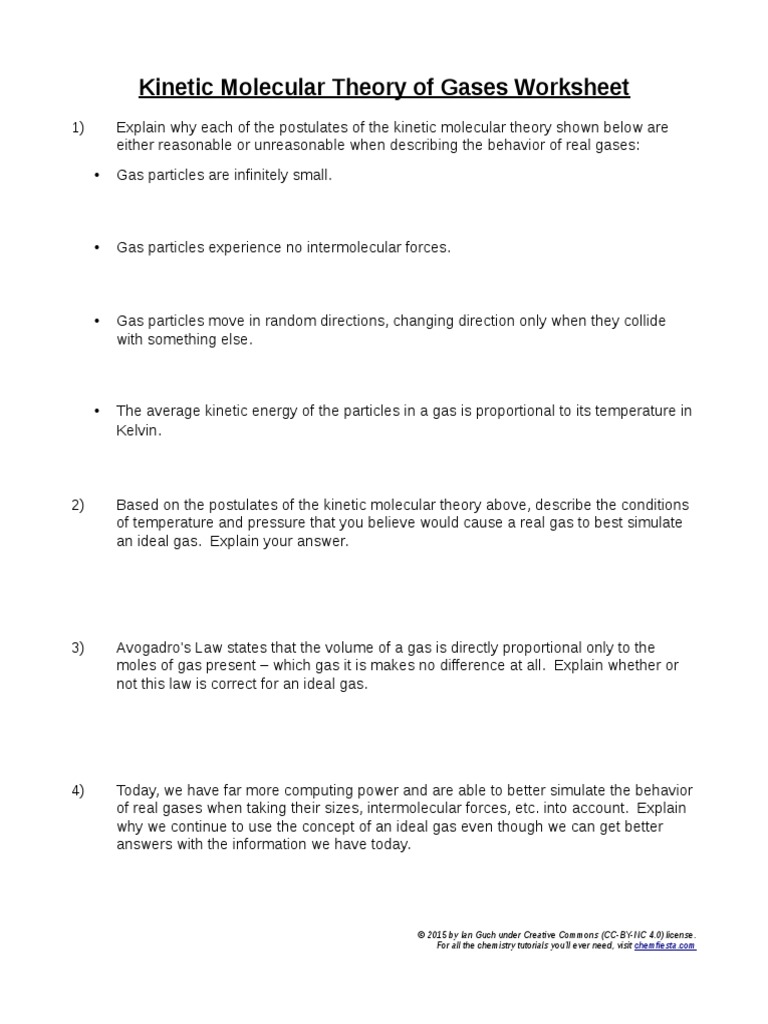 Kinetic Molecular Theory of Gases Worksheet | PDF | Gases | Temperature