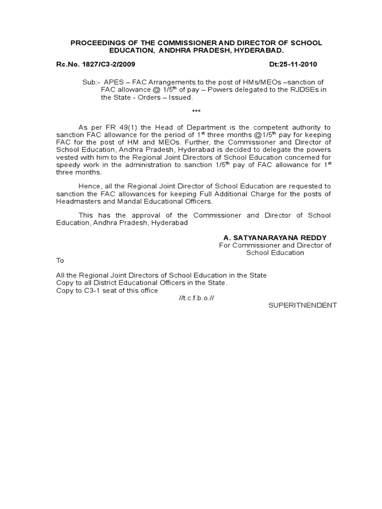 Delegation of Authority to Regional Joint Directors of School Education in Andhra Pradesh to ...