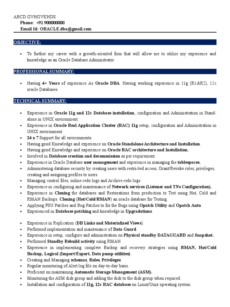 Resume For 4 Years Exp Oracle DBA | PDF | Databases | Operating System