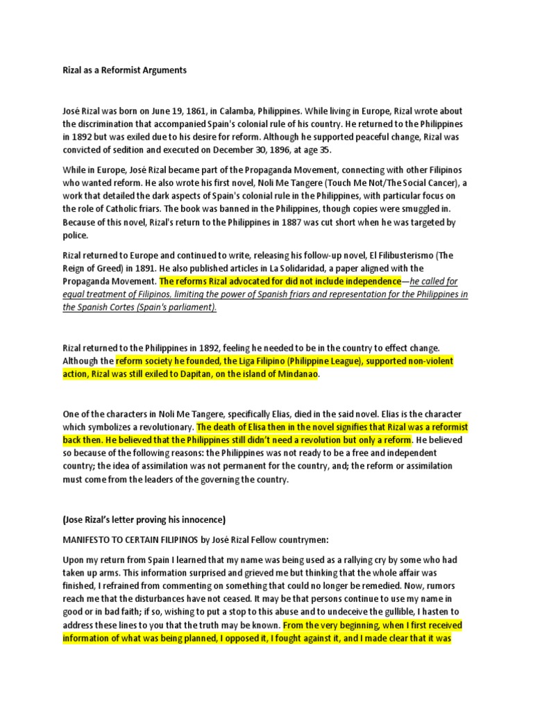 Rizal As A Reformist Arguments | PDF | Philippines