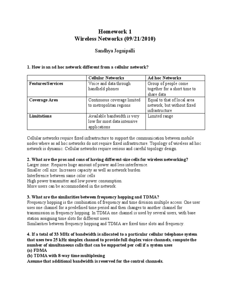 Homework 1 Wireless Networks Pdf Cellular Network Wireless Ad Hoc