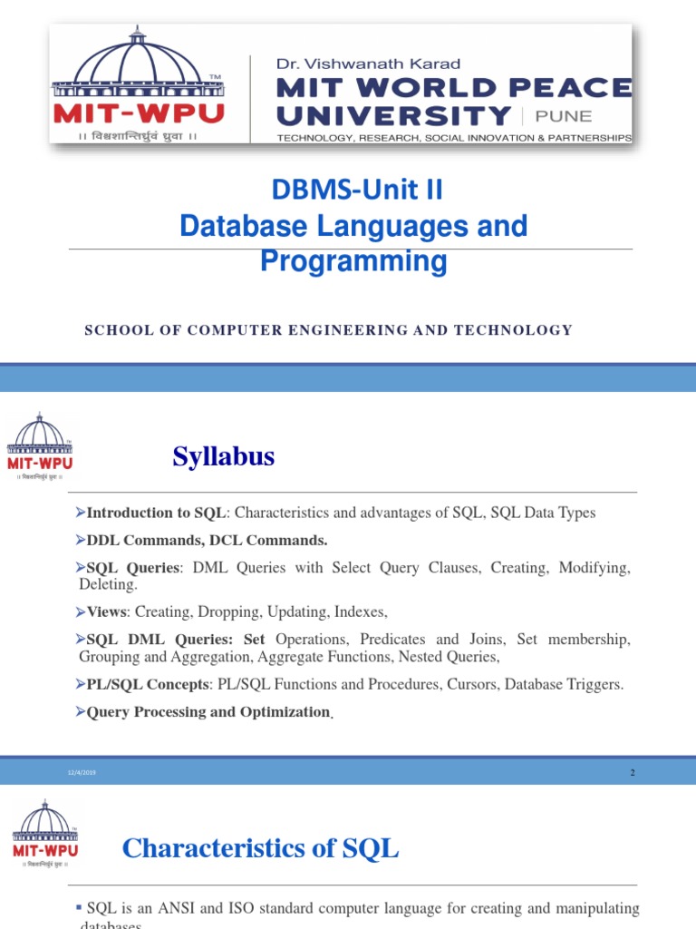 DBMS - Unit II - PPT - With PLSQL | PDF | Sql | Database Index