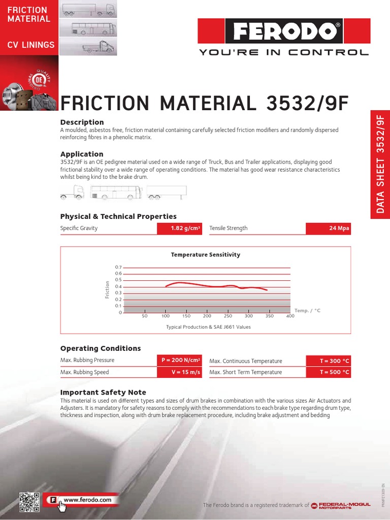 Ferodo Data Sheets 3532 9F | PDF | Friction | Brake
