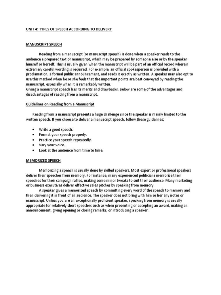 Types of Speech Delivery Explained | PDF | Manuscript | Memory