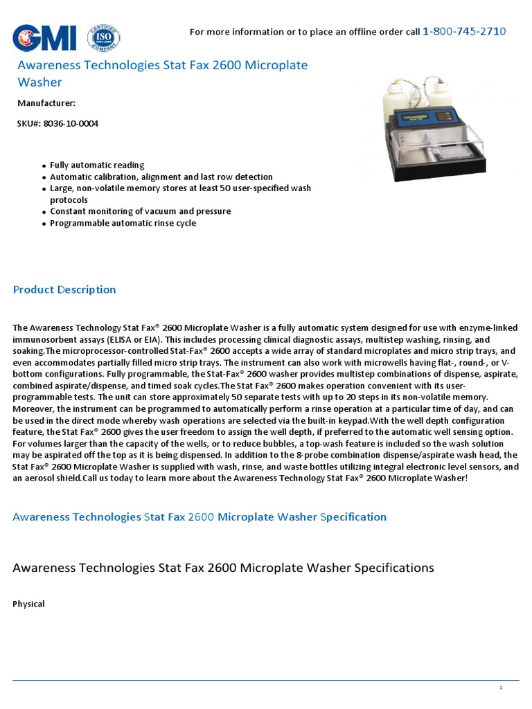Awareness Technologies Stat Fax 2600 Microplate Washer | PDF | Washing ...
