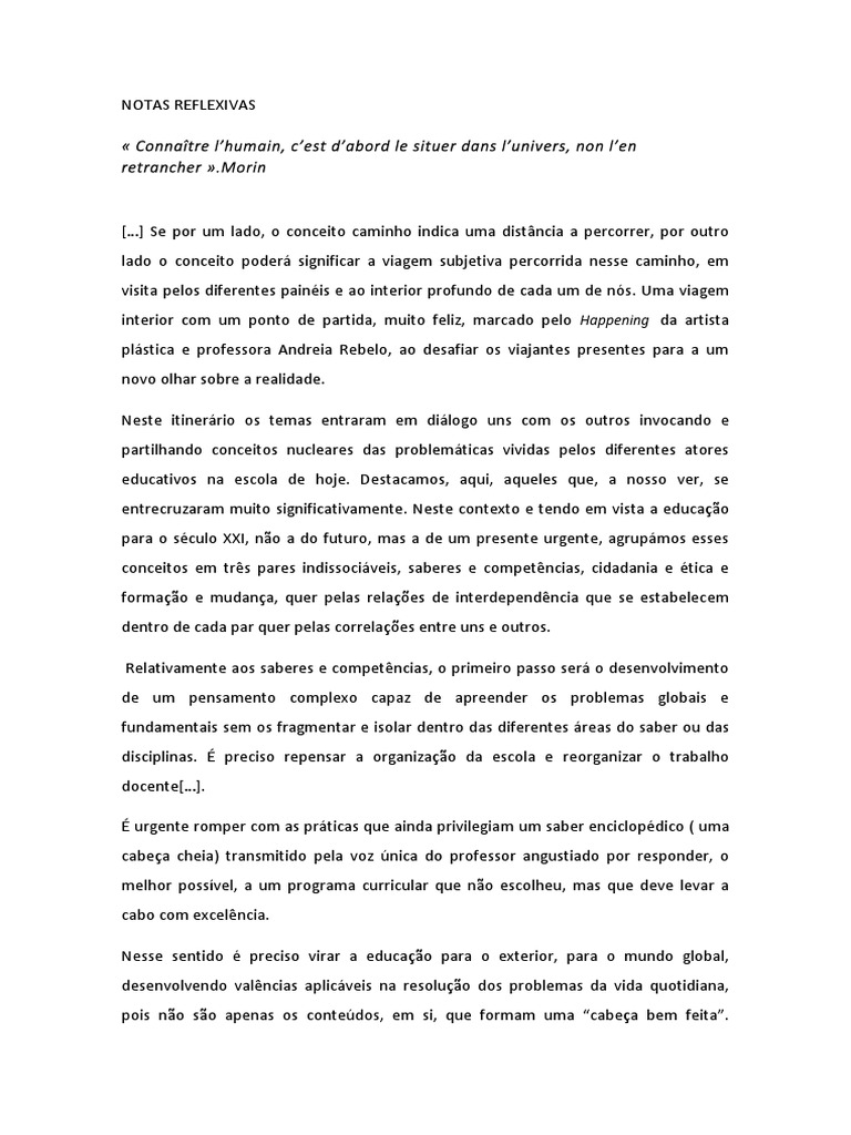 Notas Reflexivas | PDF | Alfabetização | Conhecimento